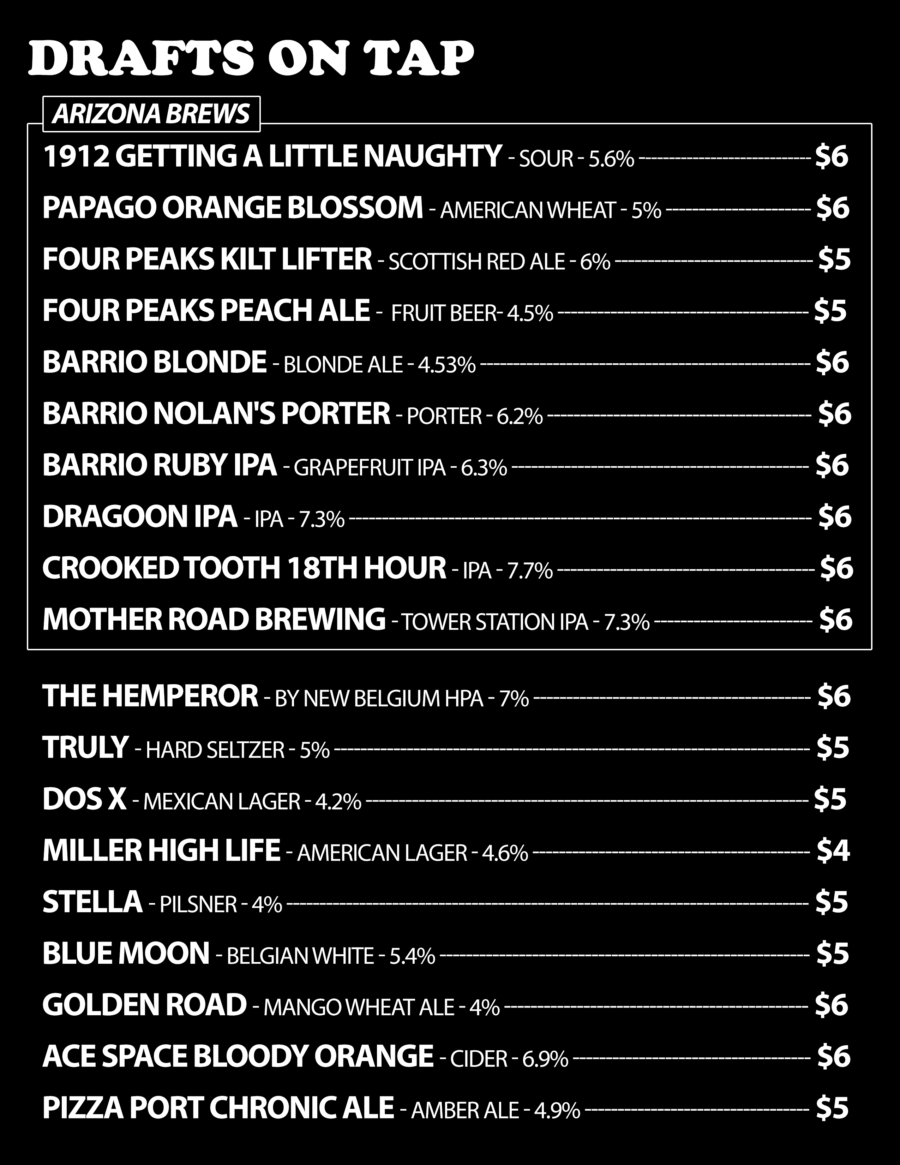Cobra Tucson Menu - Cobra Arcade Bar