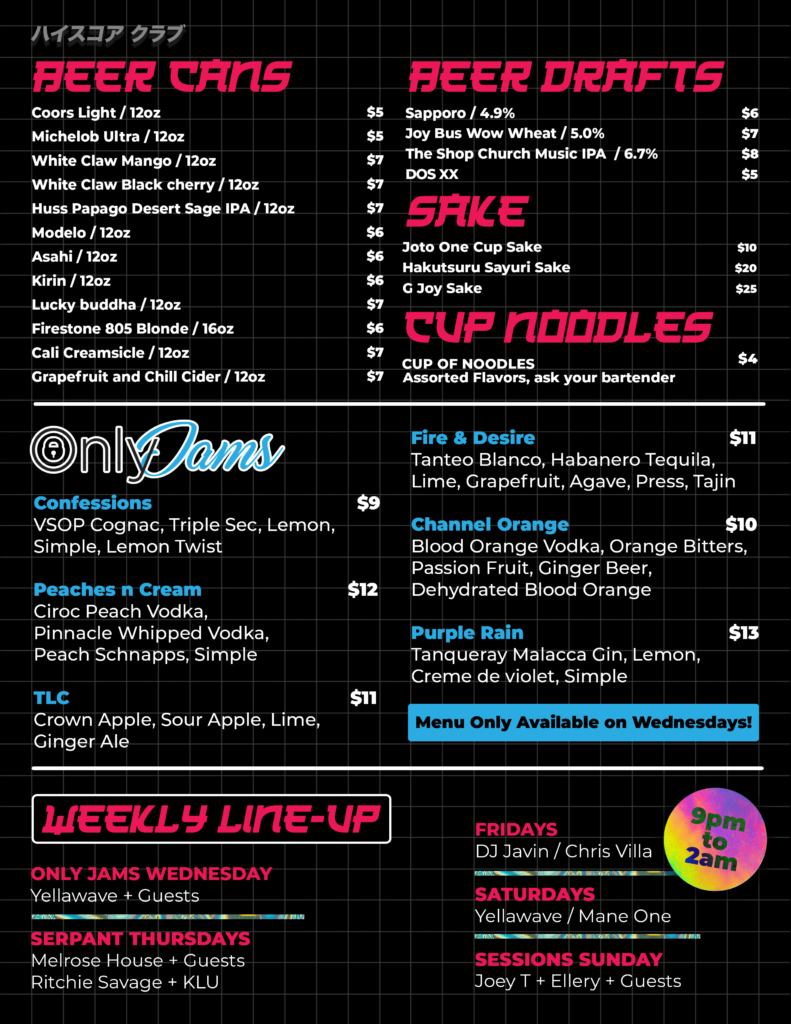 Hi Score Club Menu - Cobra Arcade Bar