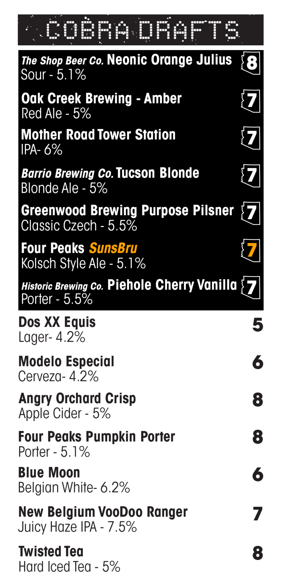 Cobra Phoenix Menu - Cobra Arcade Bar