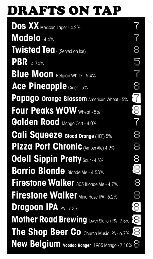 Cobra Tucson Menu - Cobra Arcade Bar